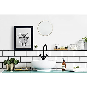 Black Framed Bathroom Decor - Funny Highland Cow Wall Art in Bathtub, Black and White Canvas Cow In Bathroom Picture, Humor Animals Bathroom Artwork Prints, Rustic Farmhouse Style Wall Decor Ready To Hang for Living Room, Bathroom, Bedroom, Kids Bathroom