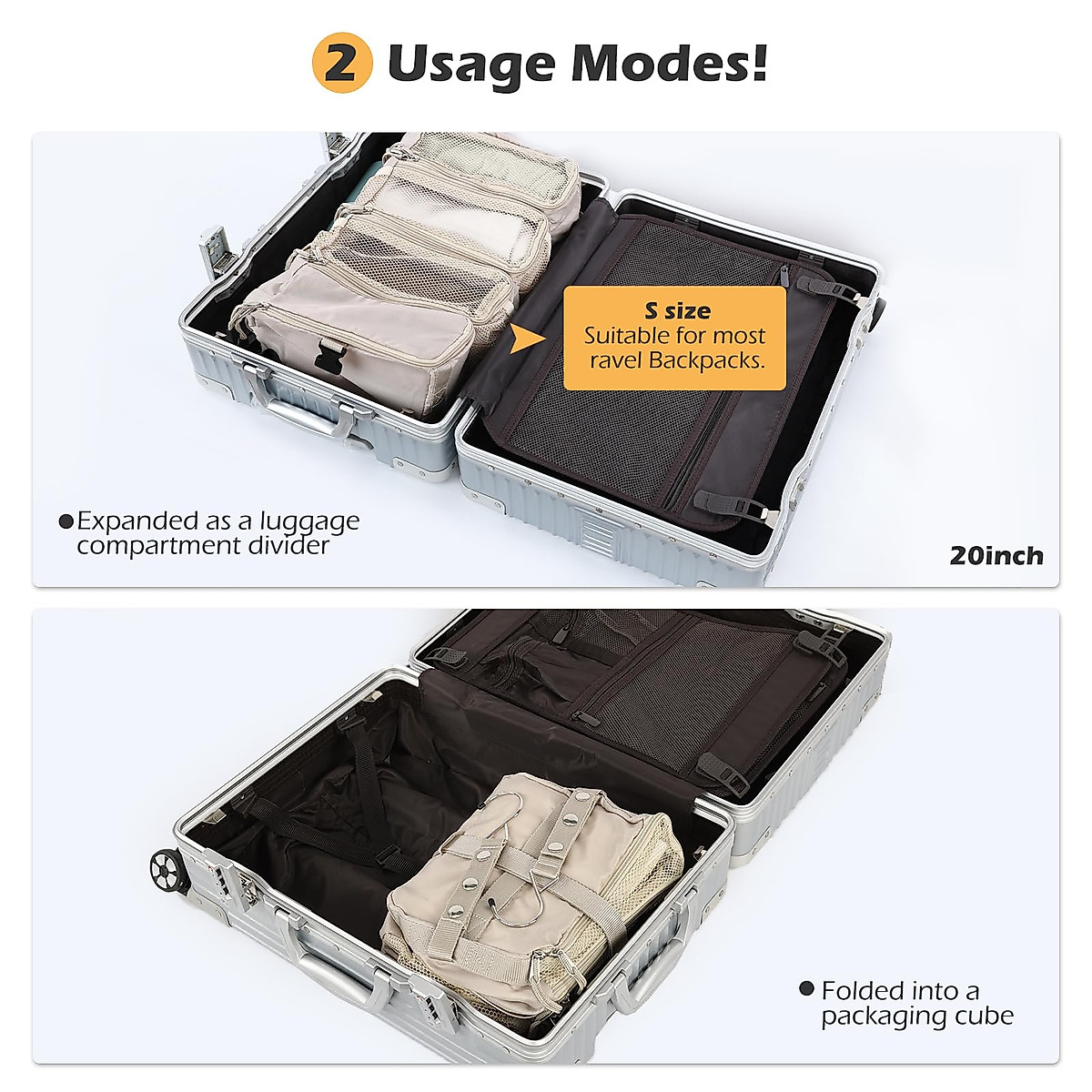 TABITORA Travel Luggage Organizer Hanging Packing Cubes Portable Hanging Shelves Carry on Closet for Suitcase with 2 Hooks,Collapsible(Beige,S)