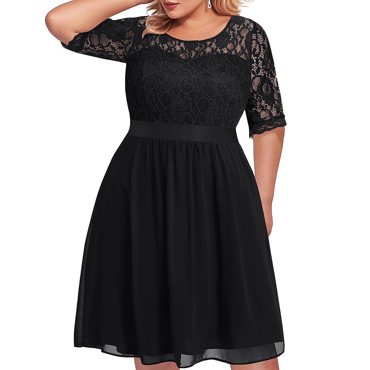 Pinup Fashion Plus Size Black Dress Funeral Wedding Guest Lace Chiffon Short Formal Cocktail Party Midi Dress Women