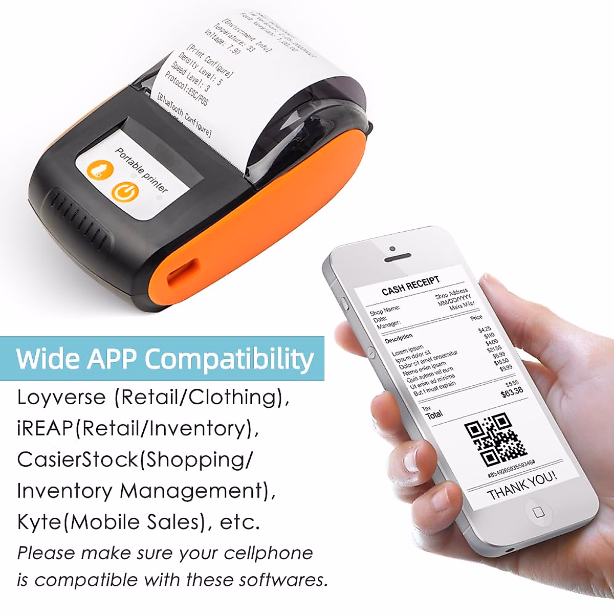 Portable Receipt Printer 58mm Mini Thermal Printing Wireless BT USB Mobile Printer with 2 Inch Thermal Paper Roll Compatible with Android/iOS/Windows System for Small Business Restaurant Retail Store