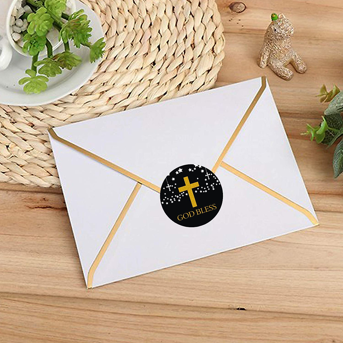 Fedyufook Black and Gold Cross Stickers God Bless Sticker Labels for Religious Baptism, Confirmation, Christening, First Communion - 2 Inches - 50 Count