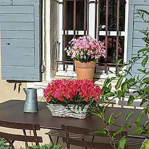 GREBOU 10 Bundles Artificial Daffodils Flowers Faux Plastic Lotus Shrubs UV Resistant No Fade Faux Greenery for Bridal Bouquet Home Garden Hanging Planter Porch Patio Office Wedding Decoration(Red)