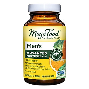 MegaFood Men's Advanced Multivitamin for Men - Doctor -Formulated - Choline, Vitamin B12, Vitamin D, Vitamin C & Zinc - Brain Health & Immune Support - Non-GMO - Vegetarian - 120 Tabs (60 Servings)