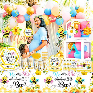 Yingoto 168pcs What Will it Bee Gender Reveal Decorations Tableware Set, Bee Gender Reveal Decorations Include Banner, Plates, Napkins, Tablecloth, Bee Party Decorations for Baby Shower, Serve 25