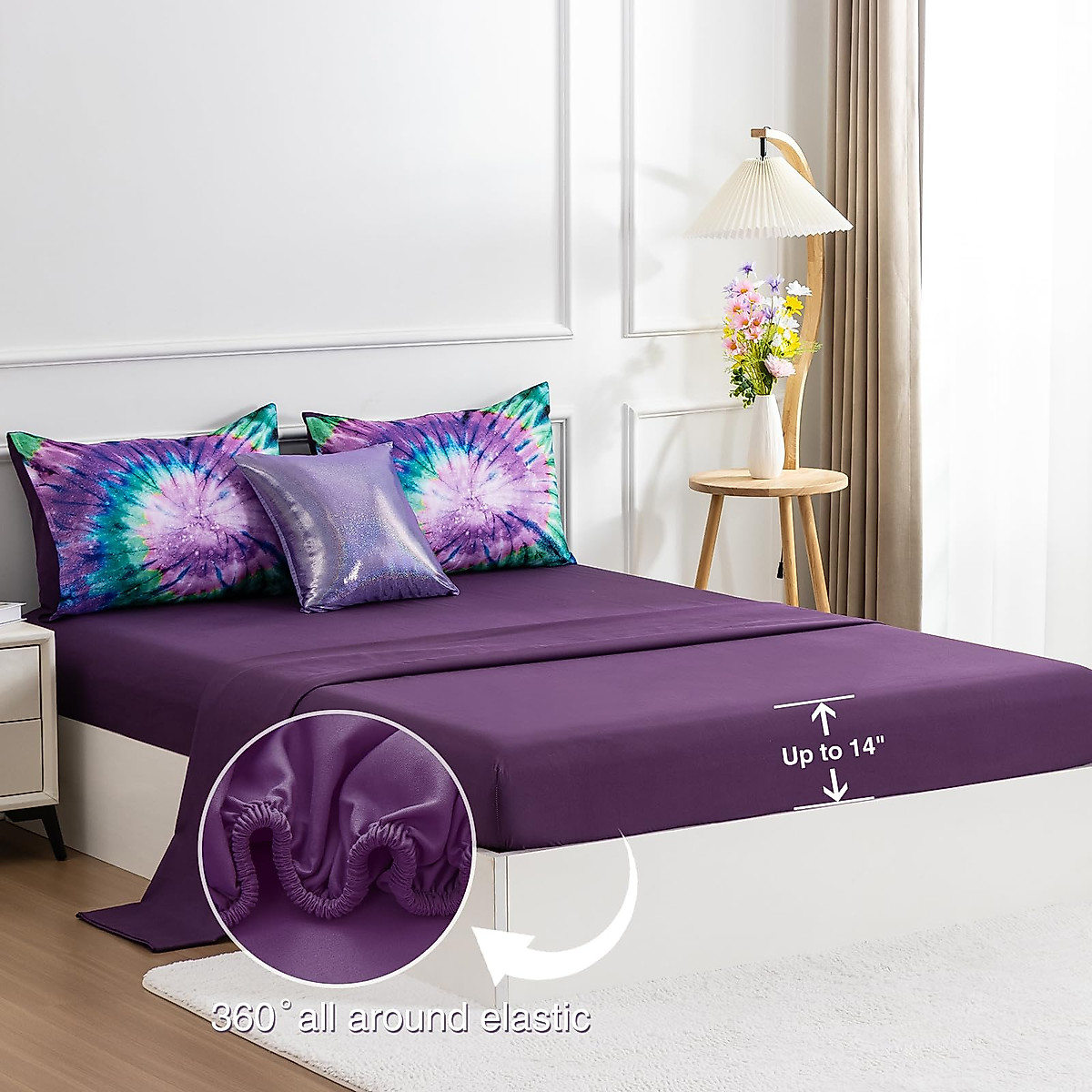 A Nice Night 6Pcs Bed in a Bag Bedding Set Tie Dye Galaxy Children Comforter Set, Psychedelic Swirl Pattern Colorful Boho, BoysGirls Quilt Sets,Purple,Full