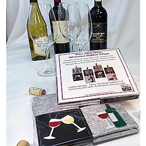 Wine Tasting Party Silverware Holders - 8 Pack Made of Sturdy, Colorful Felt with Fun Wine Bottle, Glass and Grape Images. Terrific for Entertaining or Book Club Hostess or House Warming Gift