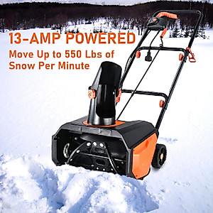 Kapoo Snow Thrower, 18 Inch Electric Snow Blower, 13 Amp, Steel Auger, 180° Rotatable Chute and Overload Protection, Black & Orange bb01