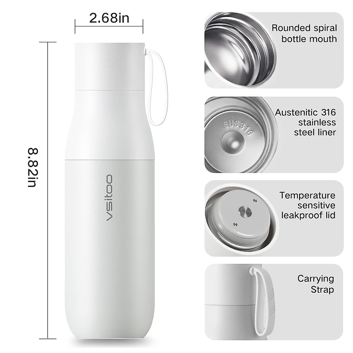 VSITOO Sports Water Bottle - 15 Oz, Carry Handle, Leak Proof, Vacuum Insulated Stainless Steel, BPA-Free, Keep Drink Hot & Cold, Triple Walled, Thermo Mug, Standard Metal Canteen for Gym and Outdoor