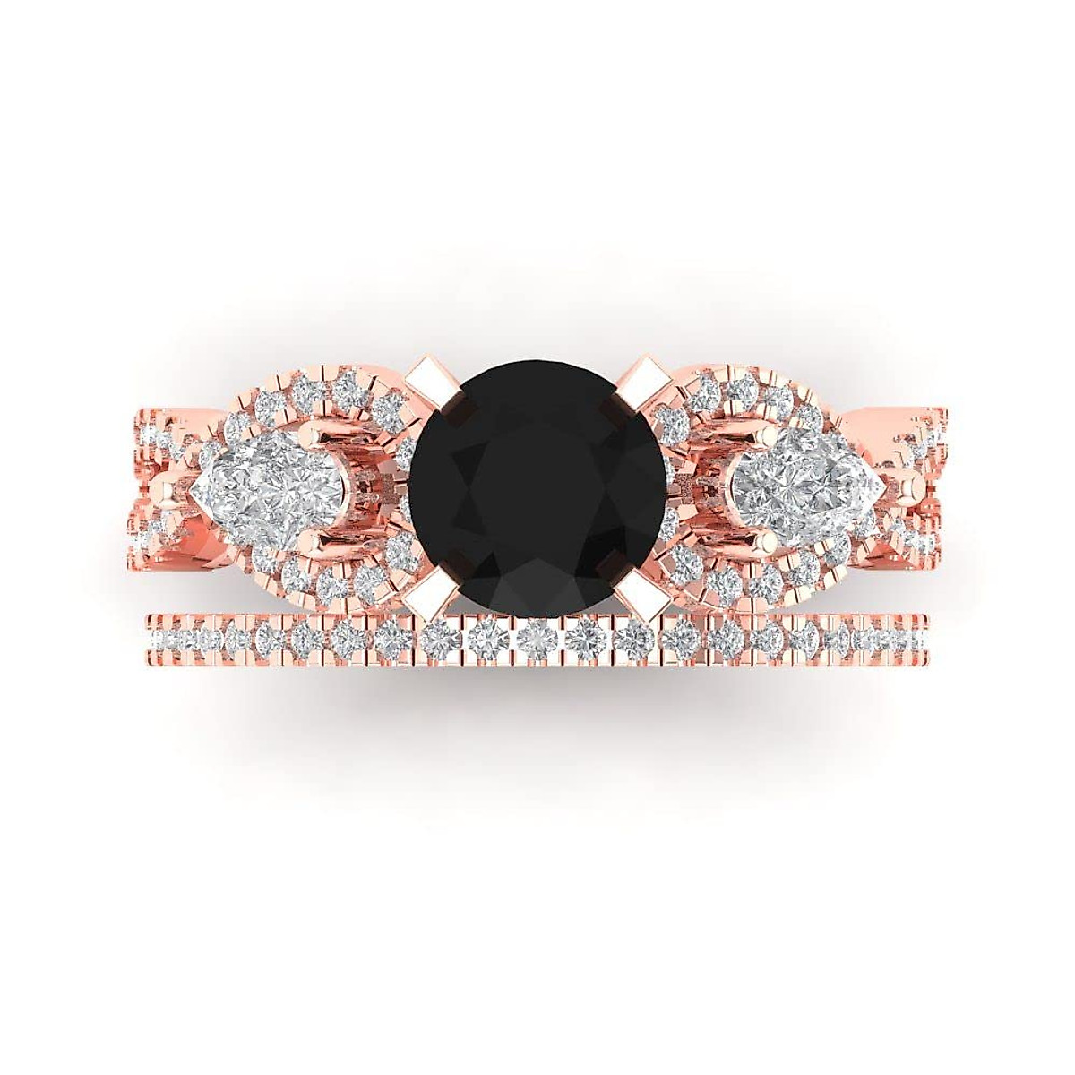 2.1 ct Round Cut Solitaire 3 stone Natural Black Onyx Designer Art Deco Statement Wedding Ring Band Set 18K Rose Gold 8