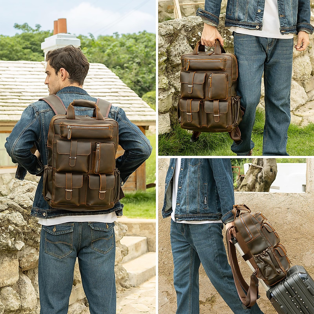 Masa Kawa Genuine Leather Backpack for Men Vintage 15.6 Inch Laptop Bag Multi Pockets Rucksack Casual Travel Daypack Brown