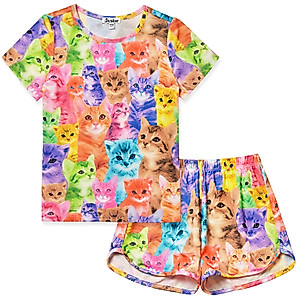Jxstar Pajamas Girl Sleepwear Kid Cute Cat Print Cotton Set Teen Summer Short Sleeves