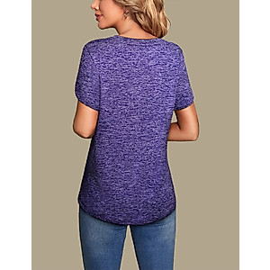 MISS FORTUNE Womens V-Neck Short Sleeve Activewear T-Shirt Petal Sleeve Casual Athletic Moisture Wicking Fitness Tops Purple XL