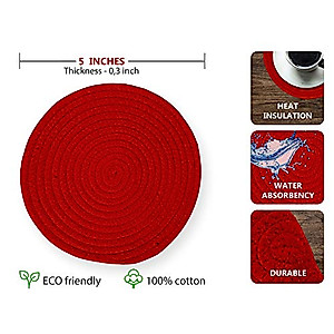 Cotton Round Woven Coasters Drink - Handmade Braided Cup Coasters Absorbent Woven Coasters Hot Pads Mats for Drink Home Kitchen Heat-Resistant Reusable Non-Slip (8 pcs red)