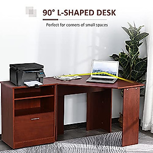 HOMCOM Computer Desk with Printer Cabinet, L-Shaped Corner Desk with Storage, Study PC Workstation for Home Office, Cherry