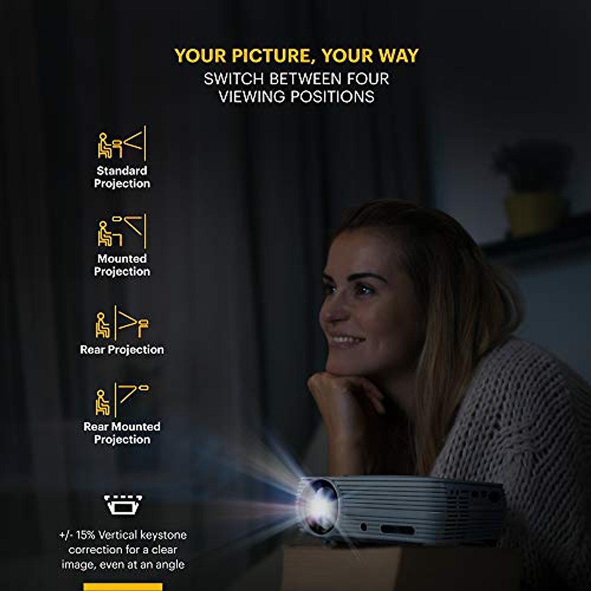 KODAK FLIK X4 Home Projector | 4.0 LCD Compact Home Theater System Projects Up to 150” with 1080p Compatibility & Bright Lumen LED Lamp | VGA/AV/HDMI/USB/TF Inputs | Remote, Tripod & Carry Case