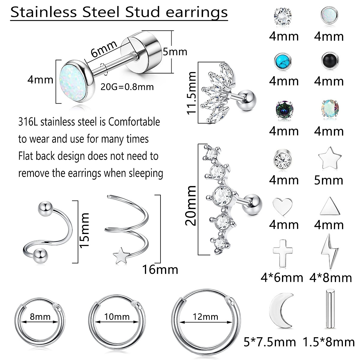 YADOCA 19Pairs Surgical Steel Stud Earrings Set for Women Men Small CZ Heart Star Moon Flat Back Earrings Hypoallergenic 20G Tiny Cartilage Earrings Stud Hoops Helix Tragus Daith Earrings Piercing