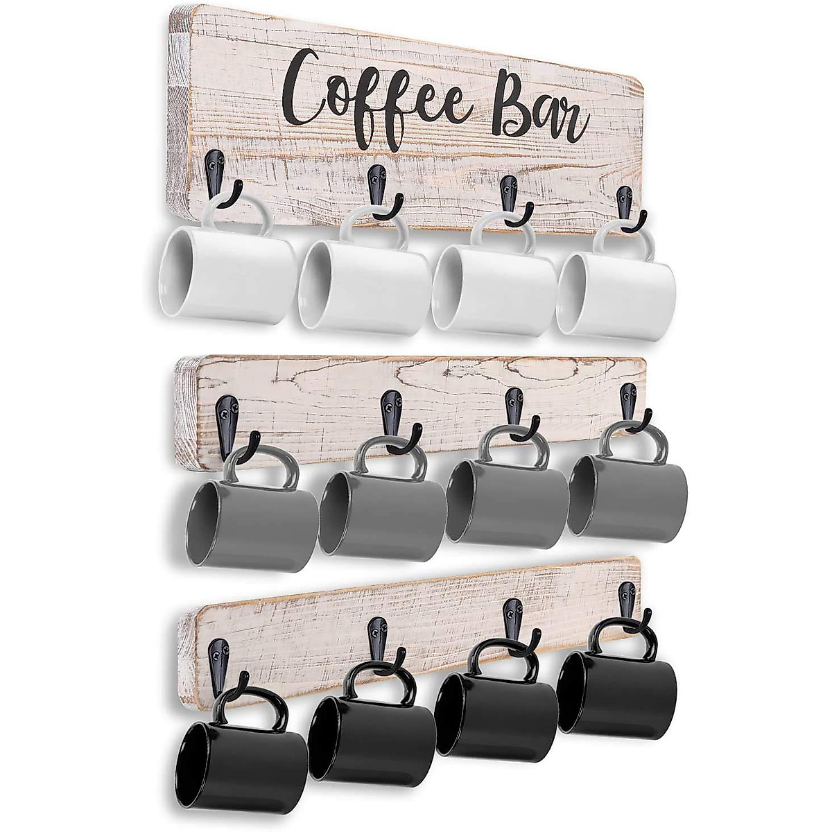 Coffee Mug Holder,Wall Mounted Coffee Mug Rack,Rustic Wood Cup Organizer with 12 Hooks,Kitchen Display Storage and Collection (White)