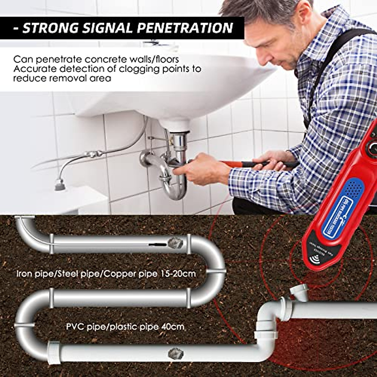 Mxmoonant Pipe Blockage Detector 40M/130ft Pipeline Scanner for PVC Iron Cement Wall with Waterproof Probes|Sensitivity|Accurate Positioning (40M)
