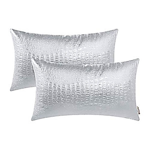 BRAWARM Faux Leather Pillow Covers 12 X 20 Inches, Silver Leather Pillow Covers Pack of 2, Crocodile Leather Decorative Lumbar Throw Pillows for Living Room Couch Bed Sofa Home