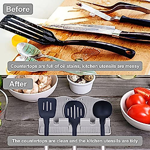 Arrozon 2 in 1 Silicone Utensil Spoon Rest Kitchen Counter with Drip Pad, 4 Slots Larege Spoon Spatula Holder for Stove Top, BPA-Free Heat-Resistant Non Slip Kitchen Utensils Mat(grey)