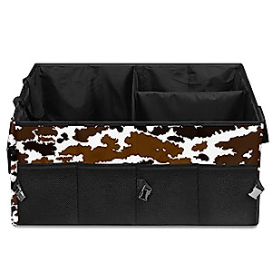 Western Black Brown Cow Print Car Trunk Organizer,Collapsible Cargo Storage Tote Bag,Non Slip,3 Divider Compartments, Automotive Interior Accessories for Auto SUV Truck Vehicle Picnic Camping
