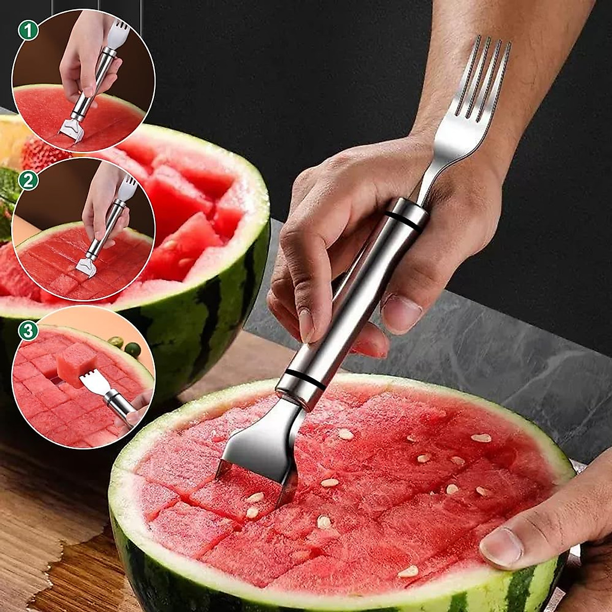 2-in-1 Stainless Steel Fruit Cutter，2024 New Upgrade Watermelon Fork Slicer Cutter Slicer Tool，Portable Watermelon Fork Watermelon Cutter Slicer Tool Fruit Forks Slicer for Home Party Camping Kitchen
