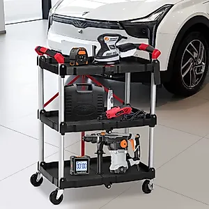 PioneerWorks 3-Tier Folding Service Cart, 56 Lbs Load Capacity, 360-Degree Wheels, Black