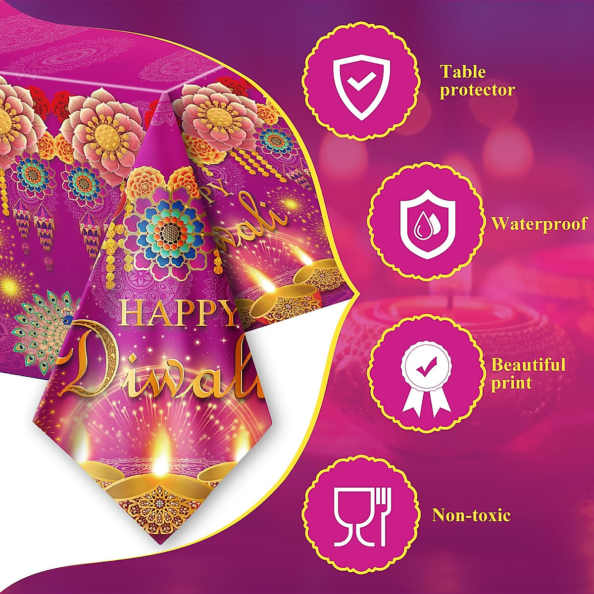 LARRAZABAL Diwali Tablecloths, Happy Diwali Table Covers for Indian Deepavali Festival of Lights, Rectangular Diwali Plastic Tablecloths Party Supplies