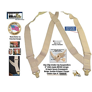 Holdup Tan 1 1/2" Hip-Clip Style Under-Ups Suspenders for Men with the Patented Composite plastic Gripper Clasps