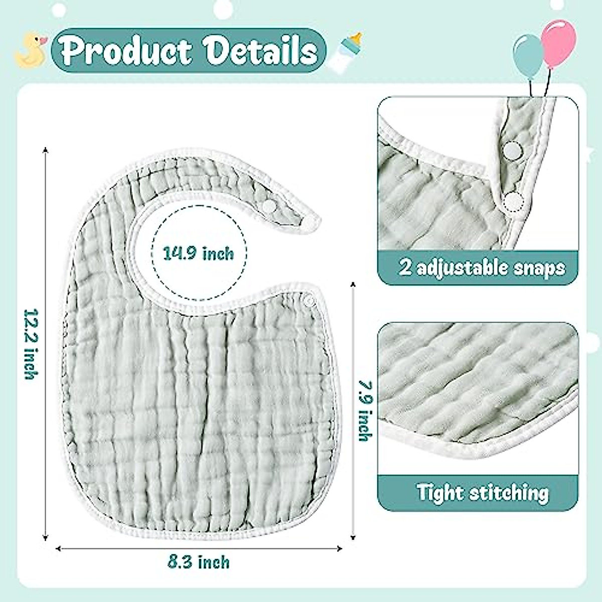 Zainpe 6Pcs Snap Muslin Cotton Baby Bibs White Grey Infants Drooling Bib Soft & Absorbent Adjustable Unisex Burp Cloths Feeding Bibs for Toddlers Girls Boys Newborns Eating Teething 0-24 Months