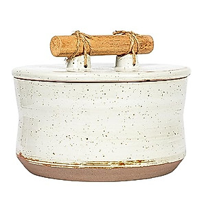 Bloomingville 6.75 Round Stoneware Lid and Pine Wood and Jute Handle in Reactive Glaze, Beige Canister