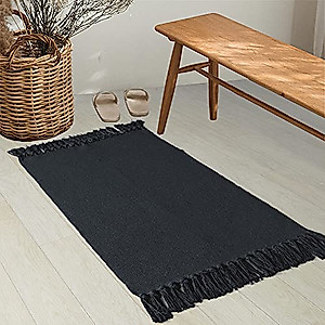 Seavish Black Kitchen Rug, 2x3 Cotton Hand Woven Recycled Throw Rug Runner Braided Entryway Floor Mat for Laundry Room Bathroom Bedroom Dorm