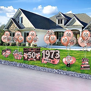 Rose Gold 50th Birthday Decorations for Women 6Pcs 50th Birthday Yard Signs Made in 1973 Lawn Sign & 18Pcs Rose Gold 50th Birthday Balloons for 50 Years Old Party Anniversary Outdoor Decor Supplies