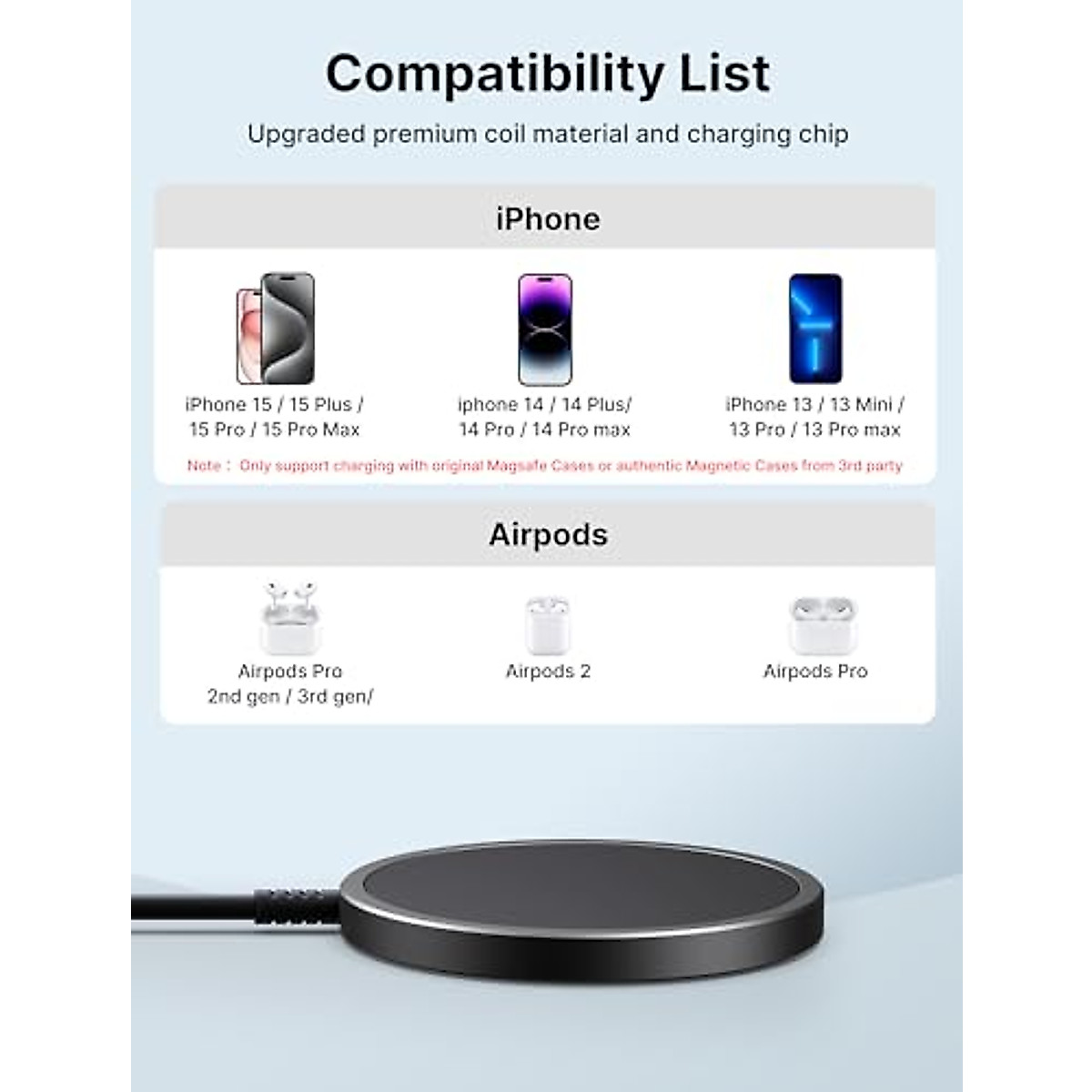 JSAUX Magnetic Wireless Charger 2-Pack Fast Magsafe Charger Compatible with MagSafe Charger, iPhone 15/15plus/15 Pro/15 Pro Max/iPhone 14 Plus/14 Pro Max, iPhone 13 12 Mini Mag Charger Airpods Black