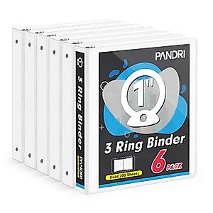 3 Ring Binder 1 Inch, PANDRI 6 Pack 1-Inch Binder Fits Letter Size 8.5'' x 11'' Paper, Versatile Binders for Office Home School, 2 Pockets, White