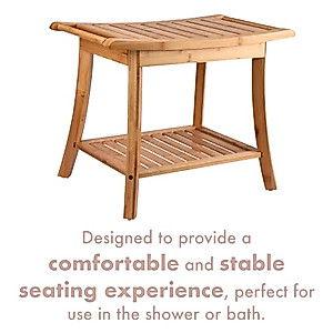 Tranquil Beauty 2-Tier Bamboo Shower Bench with Storage Shelf and Handels - Wooden Bathroom Stool - Wood Bath Chair for Sitting and Storage