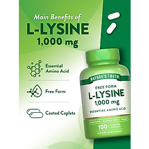 Nature's Truth L Lysine 1000mg | 100 Coated Caplets | Free Form | Vegetarian, Non-GMO, & Gluten Free Supplement