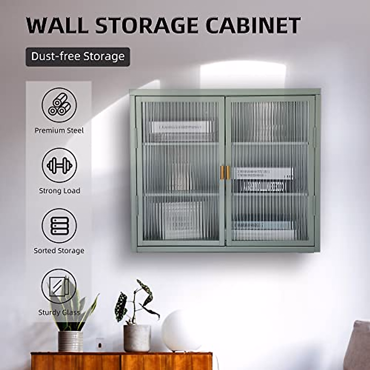 HomSof Wall Cabinet Haze Double Glass Door Detachable Shelves for Office, Dining, Living Room, Kitchen and Bathroom, Mint Green