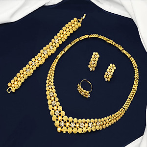 Dubai Women Jewelry Necklace Set 24K Gold Plated Indian Bollywood Bridal Fashion Jewelry 4 Piece Set