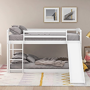 Twin Low Bunk Bed, Solid Wood Twin Over Twin Bunk Bed Frame with Full Guardrails & Integrated Ladder, Floor Twin Bunk Beds for Kids Boys and Girls, No Box Spring Needed(White with Convertible Slide)
