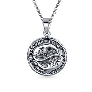 Pisces Zodiac Sign Astrology Horoscope Round Medallion Pendant For Men Women Necklace Antiqued Sterling Silver