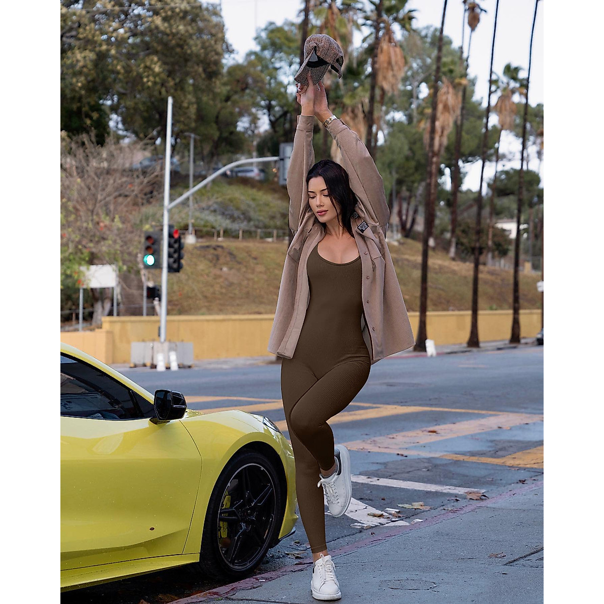 OQQ Women's Ribbed One Piece Tank Top Sleeveless Yoga Exercise Romper JumpSuit, Coffee, Medium