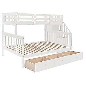 MERITLINE Twin Over Full Bunk Bed with Stairs, Wood Bunk Bed Frame with Storage Drawers and Shelves, No Box Spring Needed, White