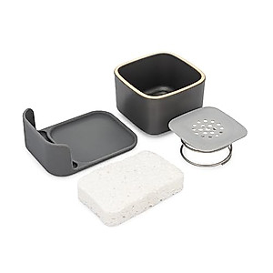 Full Circle Bubble Up Combo - Elegant Gray Ceramic Soap Dish with Eco Sponge & Bamboo-Handled Dish Brush - Versatile Natural Kitchen Cleaning Set Tool for Pots, Pans, Counter & Sink, Gray