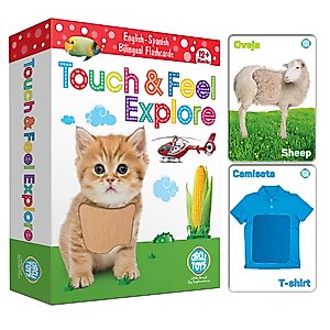 My Touch and Feel English Spanish Bilingual Picture Double Sided Sensory Flash Cards for Infant, Toddlers, Kids, Learn Animals, Fruits, Objects and Vehicles, Fun Learning and Educational Flashcards