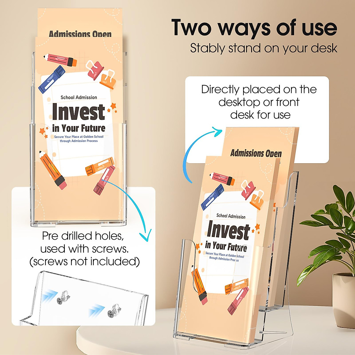 MaxGear Brochure Holder 2 Tier 4x9 inch Brochure Display Stand Flyer Holder Acrylic Brochure Holders Clear Pamphlet Holder Display Stand Literature Holder Wall Mount or Countertop, 2 Pack