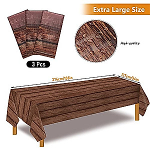 Irenare Wood Grain Tablecloth Wooden Tablecloths Rustic Plastic Table Covers Rectangular Table Decoration for Barbecue Fall Autumn Western Barn Themed Birthday Party, 54 x 108 Inch (Brown, 3 Pieces)
