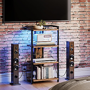 HOOBRO 4-Tier AV Media Stand, Media Console with Charging Station and LED Light Strip, Entertainment Device Stand, Game Console, Record Player, Media Accessories, Rustic Brown and Black BF38UDCJ01