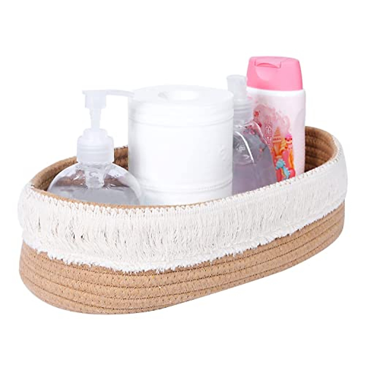 Toilet Tank Topper Paper Basket, Storage for Toilet Tank, Bathroom Baskets Tray, Toilet Baskets for Boho Bathroom Decor, Small Woven Baskets for Organizing, 13.5"x5.9"x4" (Brown-Fringe)