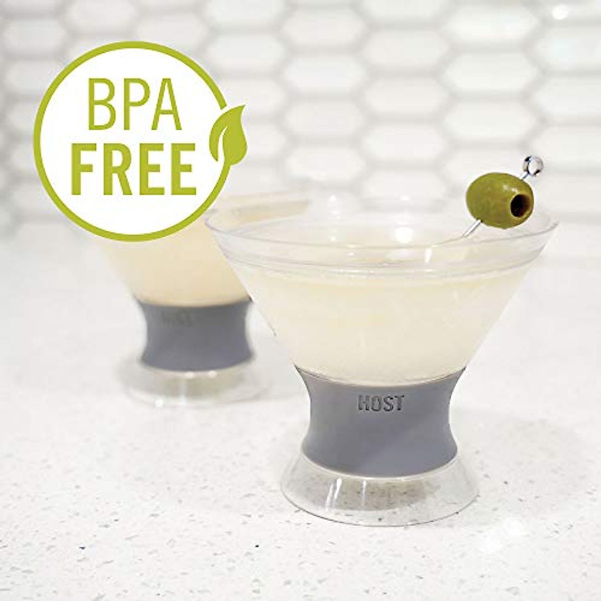 HOST Freeze Insulated Martini Cooling Cups, Plastic Freezer Gel Chiller Double Wall Stemless Cocktail Glass Set of 2, 9 oz, Grey